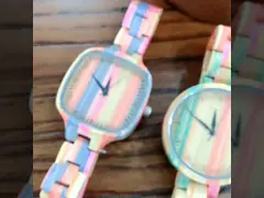 Square case Colorful wooden quartz watch with Hard mineral glass