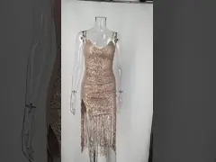 Vintage Sequin Slit Dress Fringed Polyester For Women