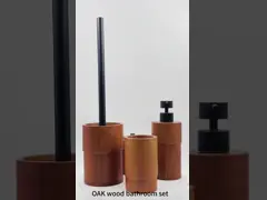 China Brown OAK Bathroom Countertop Accessories Set Round Shape Black Pump Soap Dispenser for sale