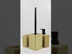 China Wood Bathroom Accessories Set Square And Rectangular Shape With Black Pump Head Soap Dish Soap Dispenser Tumbler for sale