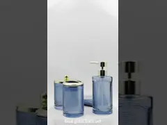 Blue Glass Modern Bathroom Accessories Set 4pcs Golden Pump Head Dispenser With Circle Line