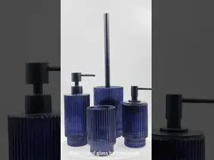 China Modern Blue Glass Bath Accessories Set Round Shape with Ribbed Vertical Stripe and Soap Dispenser/Toilet Brush Holder for sale