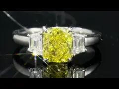 HPHT 1.22ct three stone style radiant yellow lab grown diamond ring 18k gold