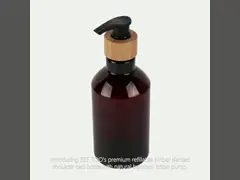 200ml, 300ml, 500ml, 7oz, 10oz, 16oz High Quality Refillable Amber Slanted Shoulder PET Bottle With Natural Bamboo Lotion Pump, Bathroom Shampoo And Conditioner Dispenser Set