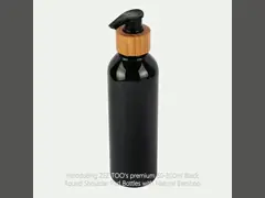 60ml, 80ml, 100ml, 120ml, 150ml, 180ml, 200ml, 250ml, 300ml Black Round Shoulder PET Bottle With Natural Bamboo Lotion Pump
