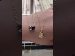 China Hot Selling 925 Silver Cushion Cut Sapphire and Rectangle Cut White Zircon Color Block Zirconia Double Stone Pendant Necklaces for sale