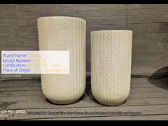 Light beige with Vertically arranged thin stripe textures round fiber clay planter lightweight durable low-maintainence flower pot holiday Villa office decoration Rooftop Gardens landscaping project