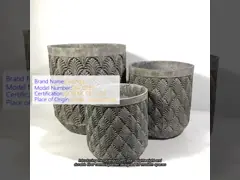 GRC pot grey round fiber cement planter with a repetitive palm leaf pattern lightweight durable low-maintainence flower pot holiday Villa office decoration Rooftop Gardens landscaping project
