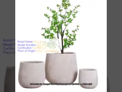 neutral beige round fiber clay planter with vertical lines pattern lightweight durable low-maintainence flower pot holiday Villa hotel shopping mall office decoration garden landscaping project