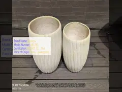 Pair of Chic Light Beige Flower Pots: Unique Vertical Patterns round fiber clay planter lightweight durable low-maintainence holiday Villa office decoration Rooftop Gardens landscaping project