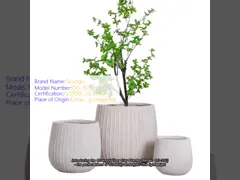 neutral beige round fiber clay planter with vertical ribbed pattern lightweight durable low-maintainence flower pot holiday Villa hotel shopping mall office decoration garden landscaping project