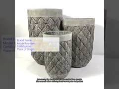 GRC pot grey tall round fiber cement planter with a repetitive palm leaf pattern lightweight durable low-maintainence flower pot holiday Villa office decoration Rooftop Gardens landscaping project