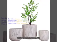 neutral beige round fiber clay planter with vertical wood-grain pattern lightweight durable low-maintainence flower pot holiday Villa hotel shopping mall office decoration garden landscaping project
