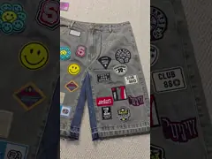 Custom Embroidery Patches Logo Baggy Jorts Streetwear High Quality Raw Hem Vintage Denim Jean Shorts