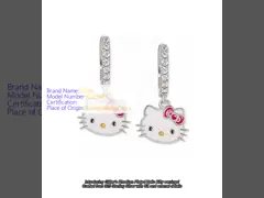 Rhodium Plated Hello Kitty Dangle Hoop Earrings in Sterling Silver with CZ and Enamel