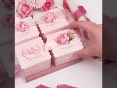 China Wedding Favor Box Set Pink Scalloped Square Candy Boxes Gold Foil Lettering Artificial Rose Decor for sale