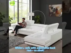 China White Leather L-Shaped Sofa & Adjustable Backrest: Sleek, Comfy – Ideal for Solo Relaxation for sale