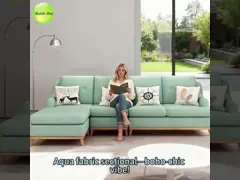 806  Aqua Fabric Sectional: Boho - Chic Accents, Wood Legs – Ideal for Whimsical, Art - Filled Moder