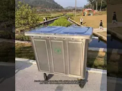 Sanitation Trash Bins | 660L Stainless Steel Municipal Trailer-Mounted Garbage Bins | 1100L Wheel-Equipped Galvanized Steel Metal Waste Trucks
