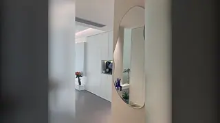 China Wall Mounted Asymmetrical Walnut Wood Framed Bathroom Mirror Rustic Farmhouse Decor Mirror for Bedroom Living Room Entryway for sale