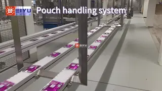 Pouch handling system for pouched pet food production line