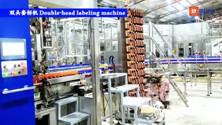 double-head sleeve labeling machine for a 48,000 BPH 400ml PET bottle energy drink production line