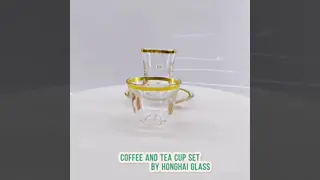 Modern Abstract Art Glass Tea Cup & Saucer Set with Gold Rim – 6-Piece Bohemian Coffee Cup Set for K
