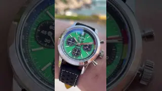 Stainless Steel Racing Chronograph Watch, Vibrant Green Dial Black Perforated Leather Strap Mechanic