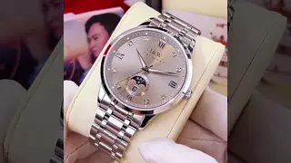 I&W Men Moon Phase Calendar Watch Stainless Steel Band Business Wristwatch Display