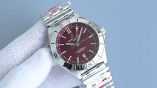Stainless Steel GMT Automatic Watch, Burgundy Striped Dial Steel Bracelet Dual Time Zone Sports Wris
