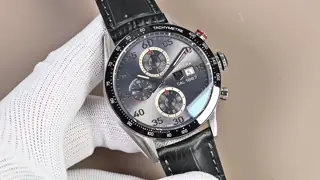 Men Grey Dial Automatic Chronograph Leather Strap Racing Wrist Watch