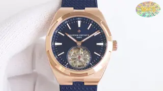 42mm Rose Gold Tourbillon Watch Blue Dial Rubber Strap