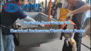 Welding electrical enclosures/ distribution boxes with hanging spot welding machine