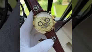 Gold Case Tourbillon Multi-function Chronograph Brown Leather Men Watch