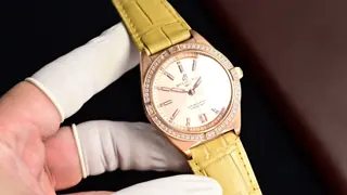 Rose Gold Automatic Ladies Watch, Diamond Bezel Pink Dial Yellow Crocodile Grain Leather Strap Wrist