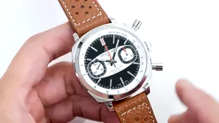 Stainless Steel Chronograph Watch, Panda Dial Racing Style Brown Perforated Leather Strap Mechanical
