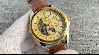 Two-Tone Chronograph Mechanical Watch, Sun-Moon Phase & Skeleton Dial Brown Leather Strap Wristwatch