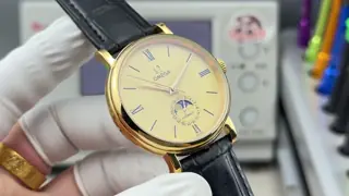 Classic Moon Phase Automatic Watch, Gold Case Roman Markers Leather Strap Formal Wristwatch
