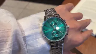 Men Chronograph Wrist Watch Green Sunburst Dial Stainless Steel Bracelet 5ATM Water Resistant Busine