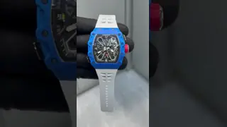 Barrel Hollow Sports Mechanical Watch Blue Carbon Case White Rubber Strap Display