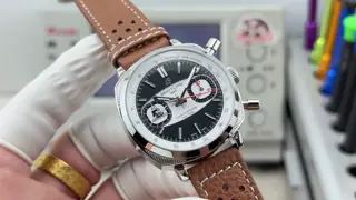 Men's Cushion Chronograph Watch, Black White Panda Dial Brown Leather Strap Wristwatch