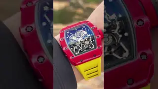 Men's Tonneau Skeleton Sport Watch, Red Case Yellow Rubber Strap Automatic Wristwatch