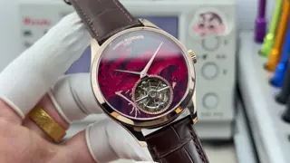 Red Phoenix Enamel Dial Tourbillon Watch Rose Gold Case Brown Leather Strap