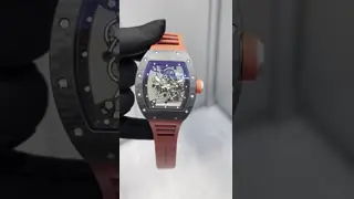 Tonneau Carbon Hollow Mechanical Watch with Orange Rubber Strap Men Luxury Sports Wristwatch
