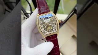 Gold Tonneau Skeleton Mechanical Watch Day‑Night Display Diamond Bezel Leather Strap