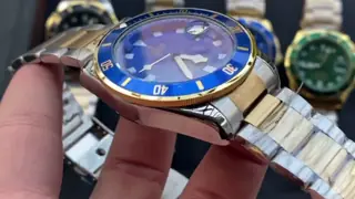Two‑Tone Gold Steel Diver Watch Blue Dial Rotating Bezel 500M Waterproof Automatic Wrist Watch
