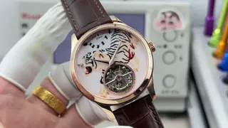 Red Phoenix Enamel Dial Tourbillon Watch Rose Gold Case Brown Leather Strap