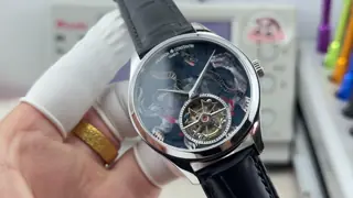 White Tiger Enamel Dial Tourbillon Watch Steel Case Black Crocodile Leather Strap