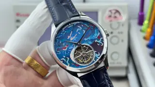 Blue Enamel Dragon Dial Tourbillon Men Watch Dark Blue Crocodile Leather Strap