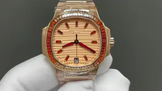 Elegant Rose Gold Octagonal Ladies Watch With Orange Gem Bezel Luxury Daily Timepiece